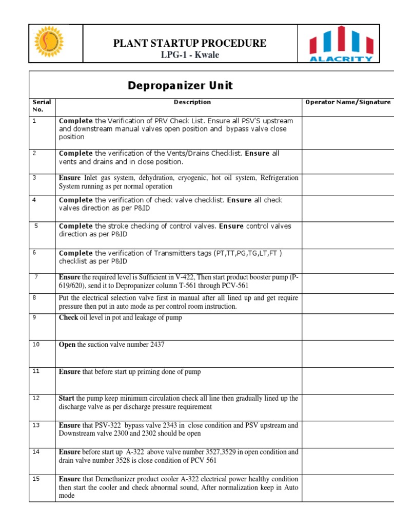 Depropanizer Startup Procedure | PDF