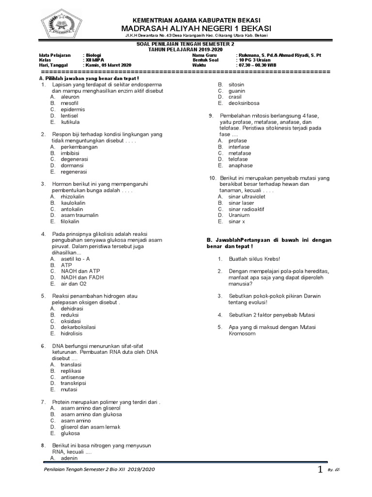 Soal PTS BIOLOGI Kelas XII 2020 | PDF