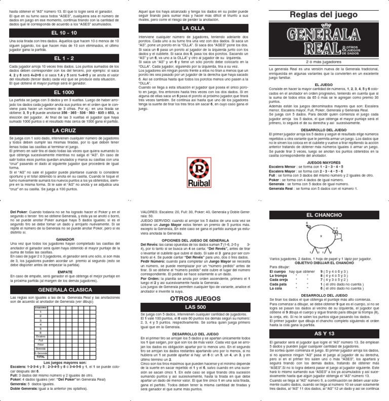 Reglas y Puntajes de la Generala | PDF