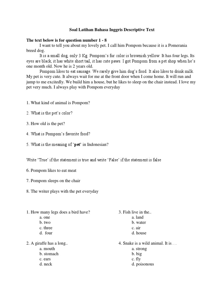 Soal Latihan Bahasa Inggris Descriptive Text | PDF