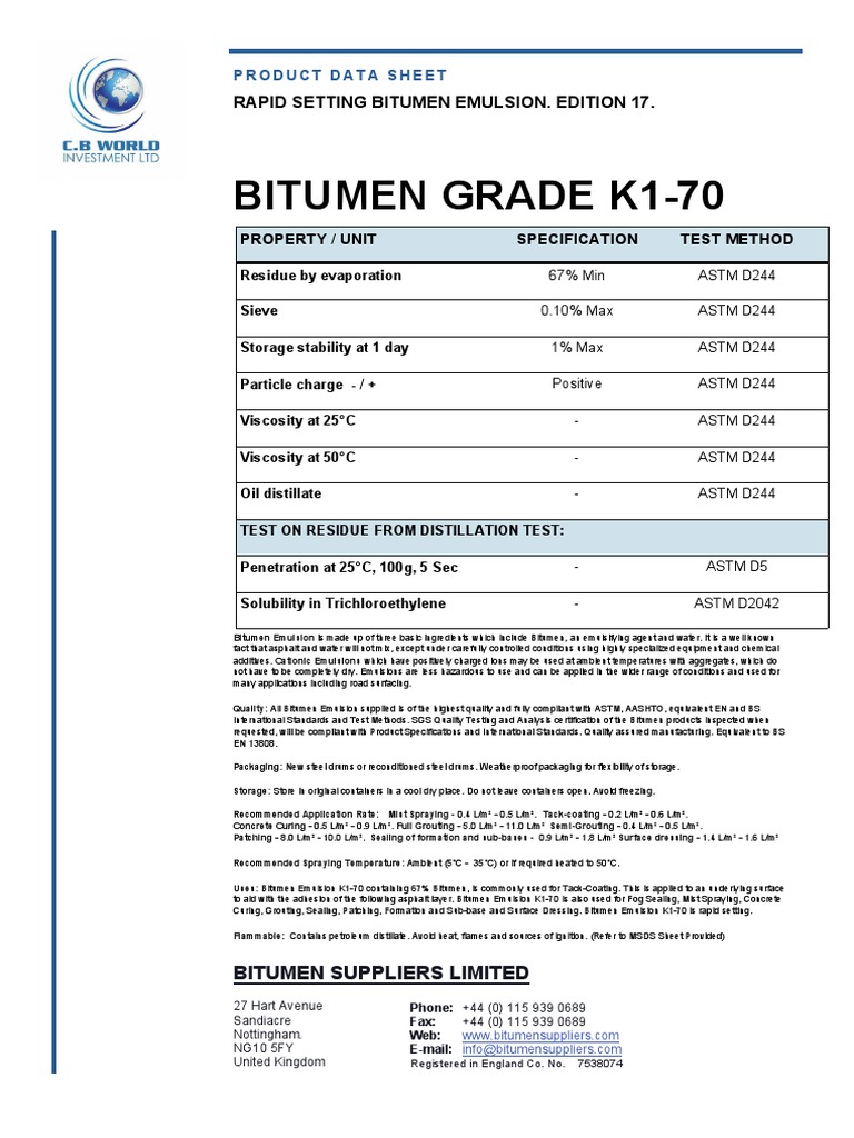 Product Data Sheet for Bitumen Grade K1-70 Rapid Setting Bitumen ...