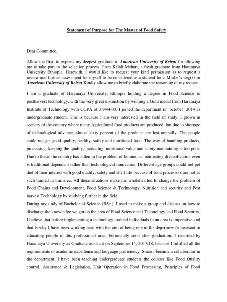 Statement of Purpose: Food Safety Master's | PDF