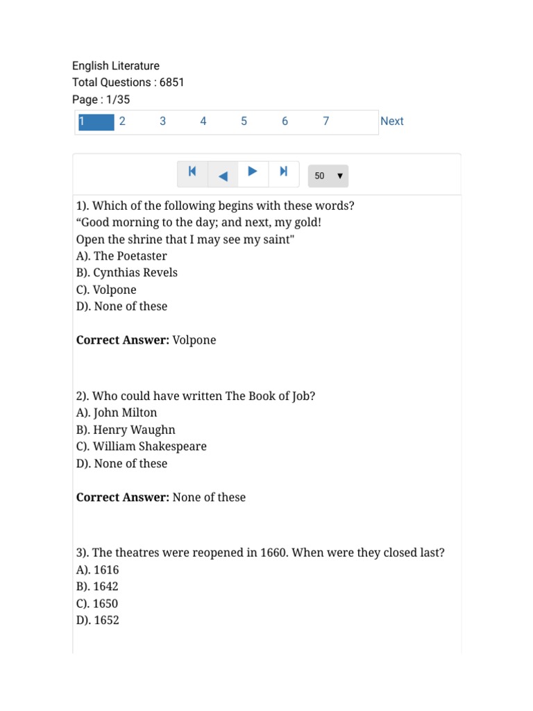 English Literature Quiz Questions | PDF