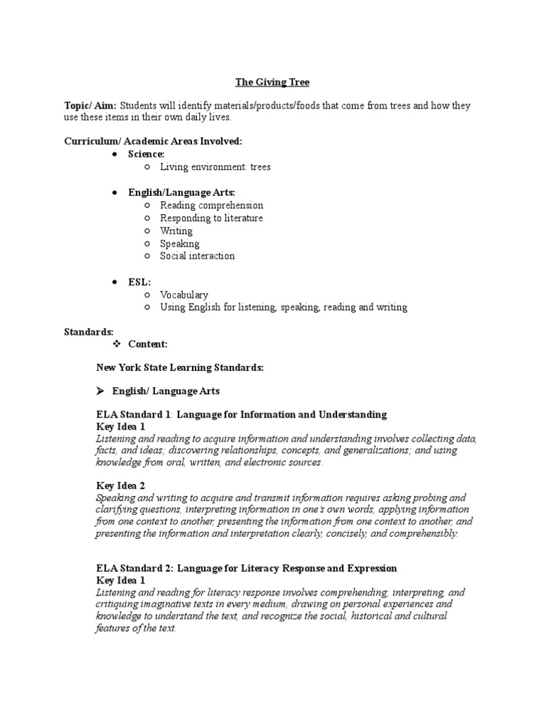 Lesson Overview - The Giving Tree | PDF | Information | Learning