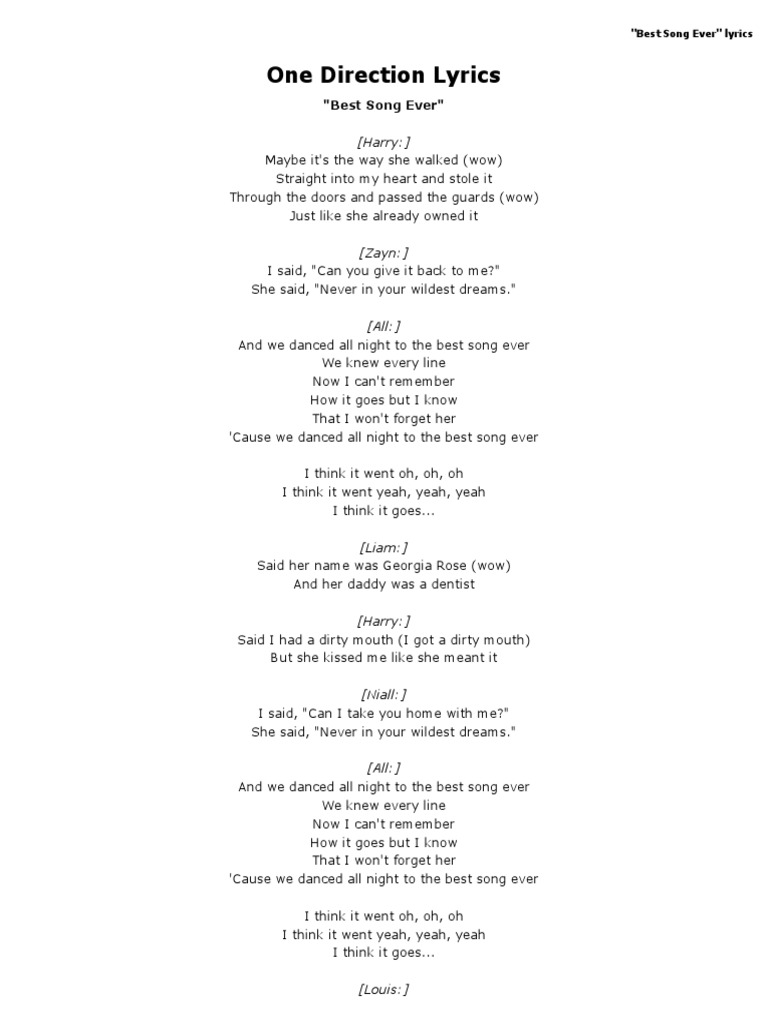 Song Lyrics By One Direction