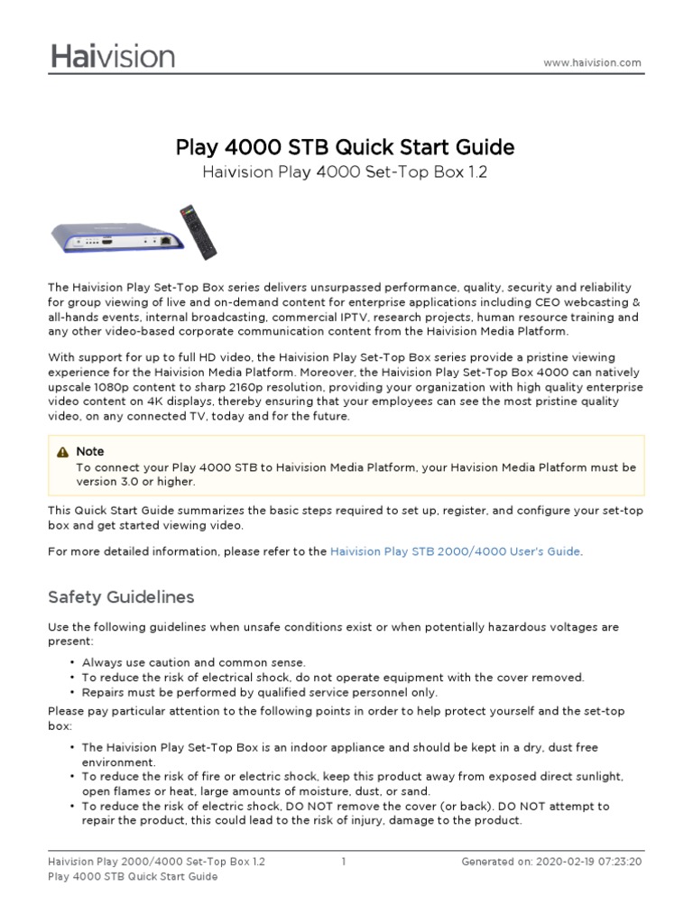 Haivision Play 4000 Set-Top Box Quick Start Guide: Connecting ...