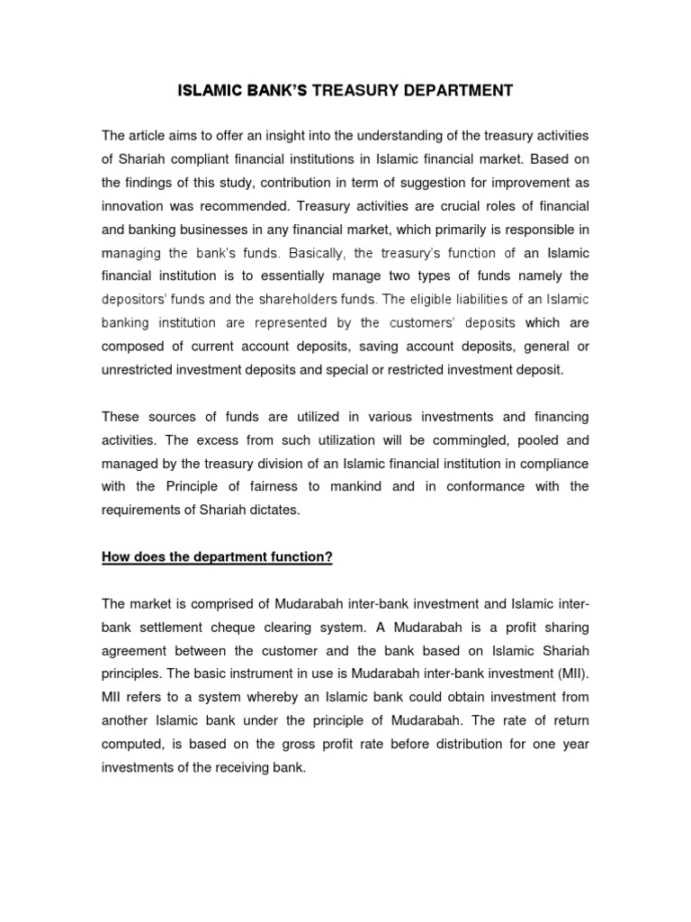 Treasury Department in Islamic Bank | PDF | Islamic Banking And Finance ...