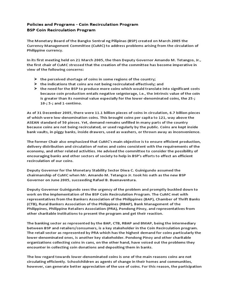 Coin Recirculation From BSP | PDF