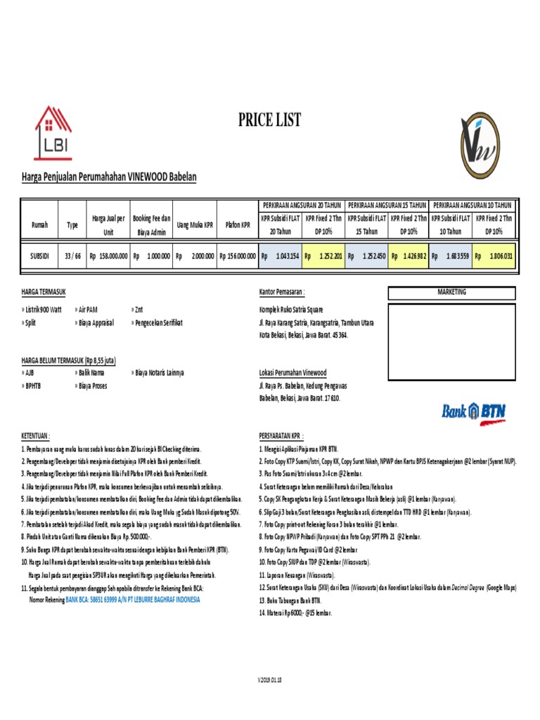 Price List Perumahan Vinewood Babelan (V.2019.01.18) | PDF