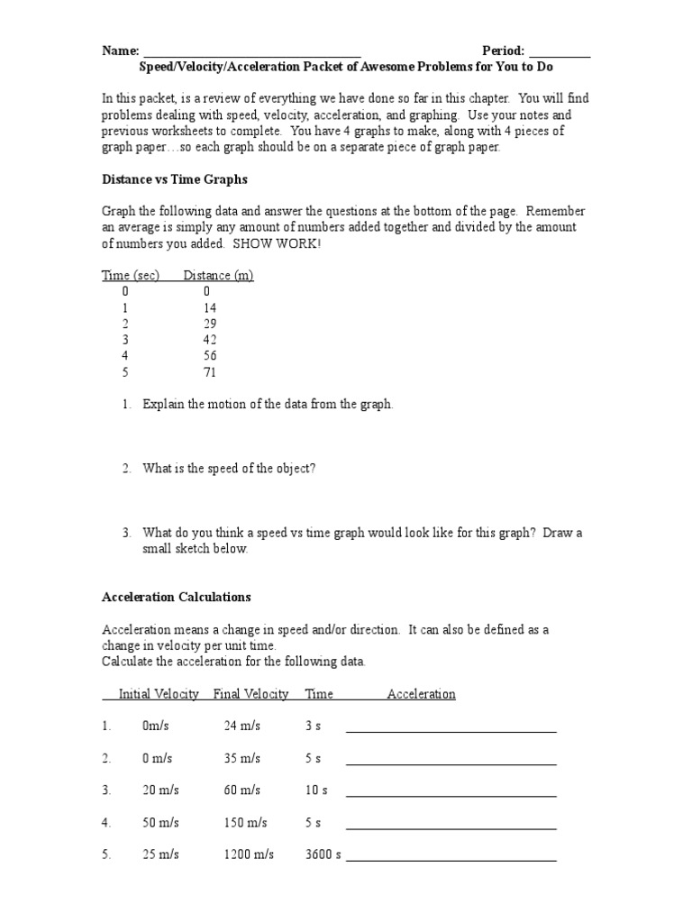 Speed, Velocity, Acceleration Practice Packet | PDF | Technology ...