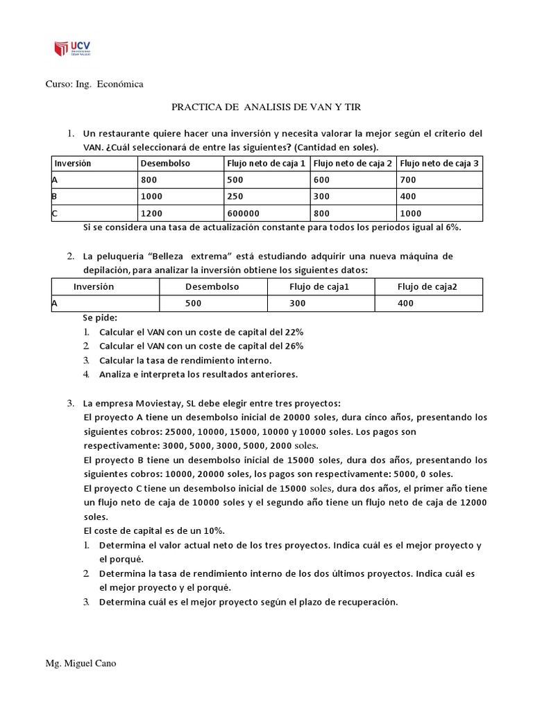EJERCICIOS DE VAN Y TIR Hoja 12 | PDF