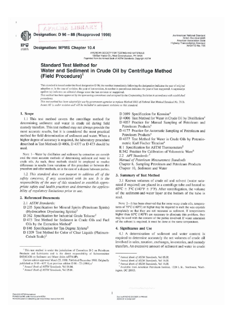 ASTM D96-88 - Water & Sediment in Crude Oil | PDF