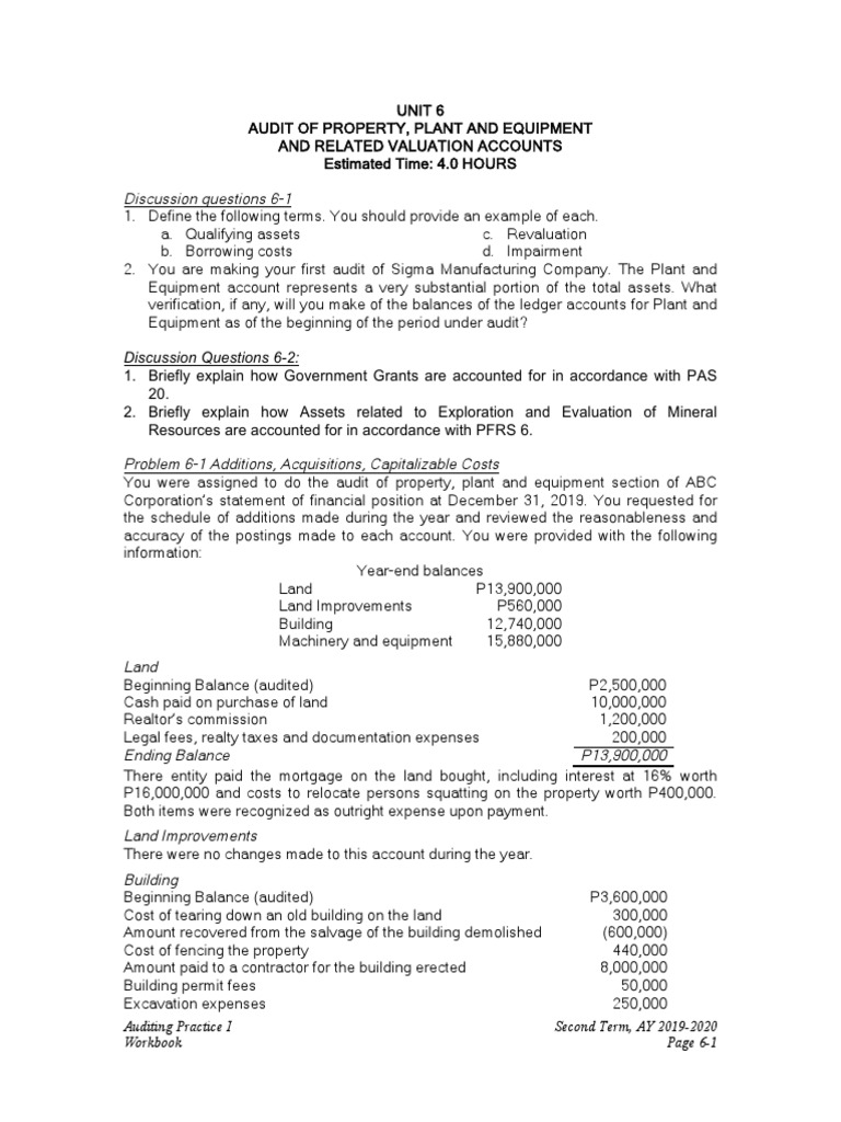 Unit 6. Audit of Property, Plant and Equipment - Handout - T21920 ...