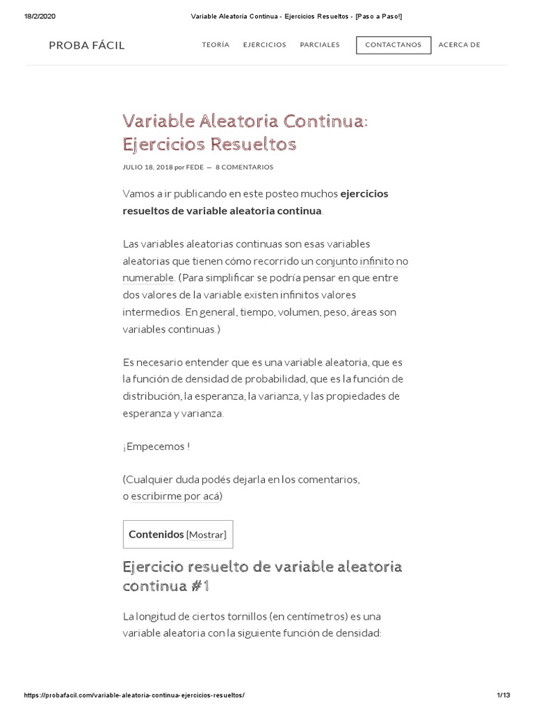 Variable Aleatoria Continua - Ejercicios Resueltos - (Paso A Paso!) | PDF