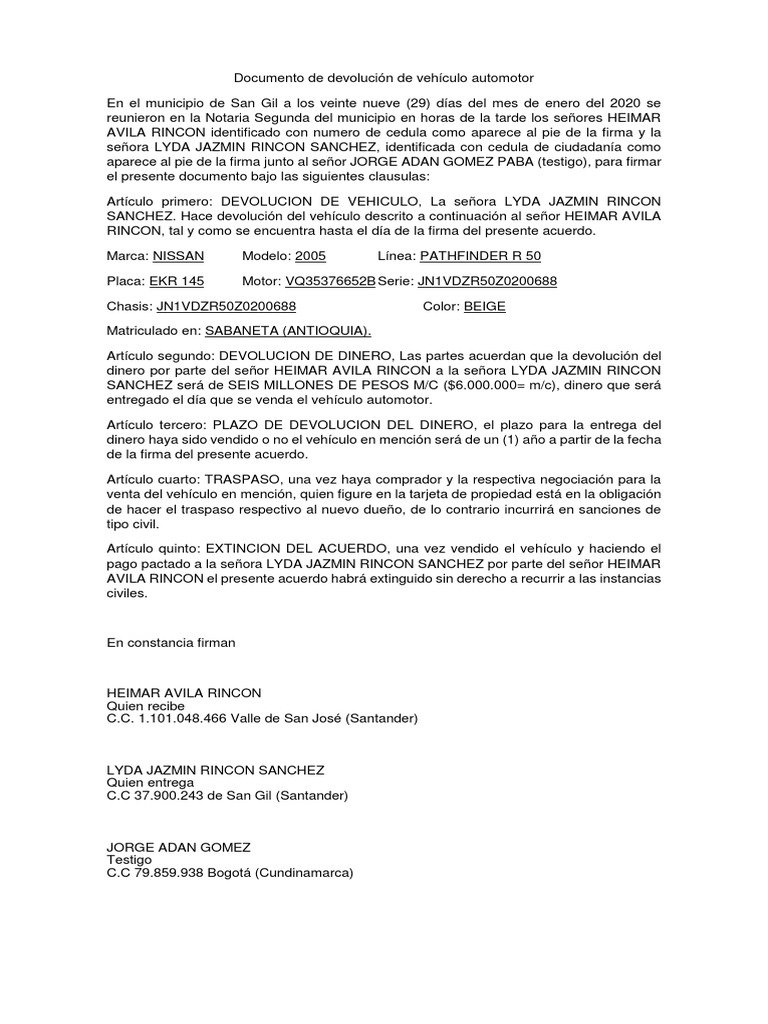 Documento de Devolución de Vehículo Automotor | PDF