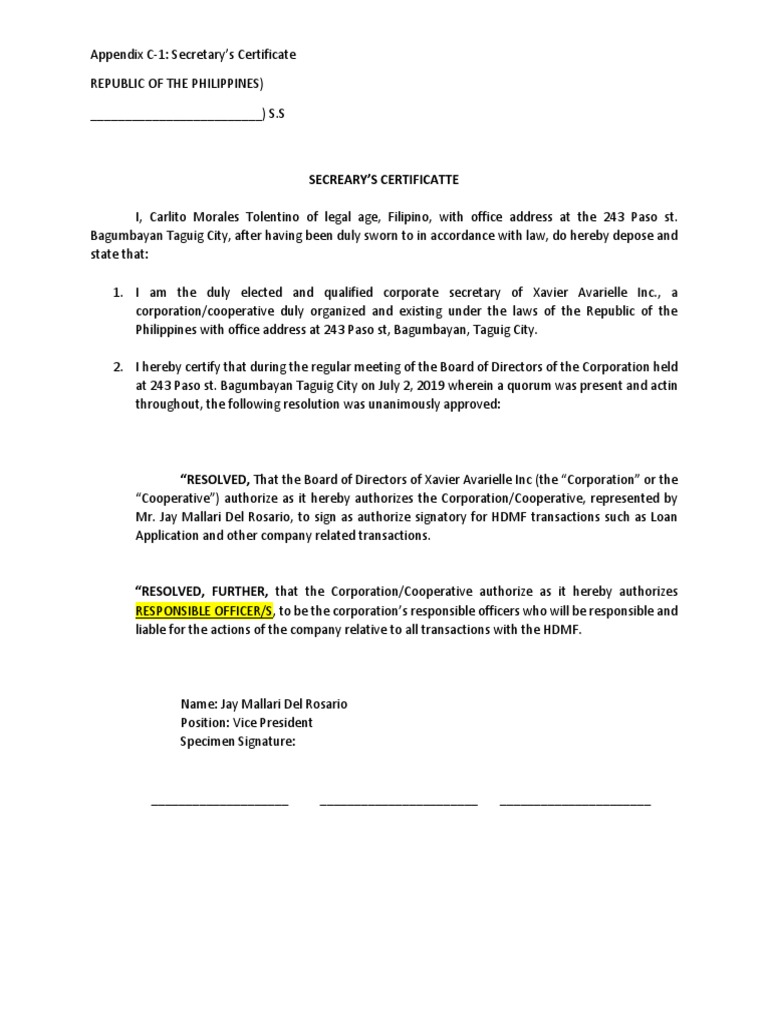 Secretary Certificate | PDF