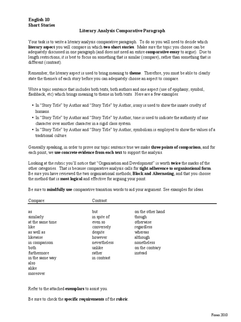 Comparative Paragraph How To Exemplars and Rubric Foran PDF | PDF