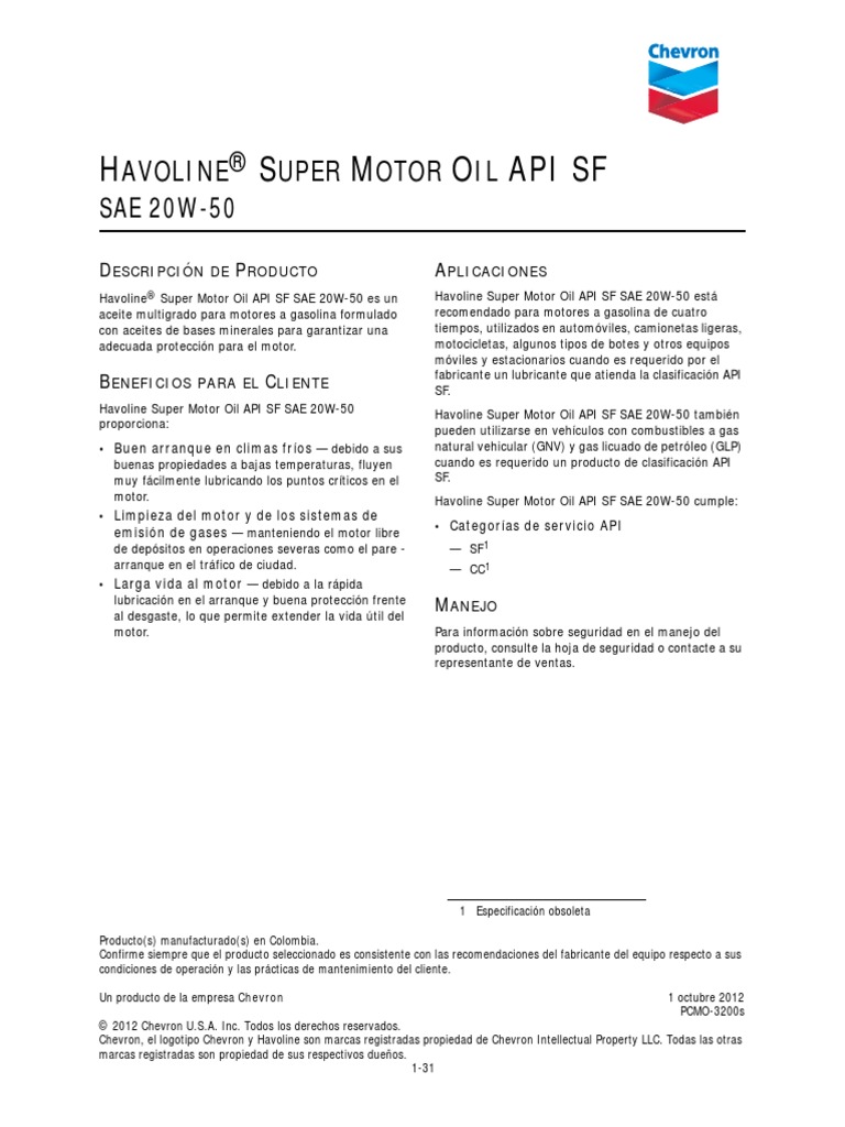 PDS Havoline Super Motor Oil 20W50 SF | PDF
