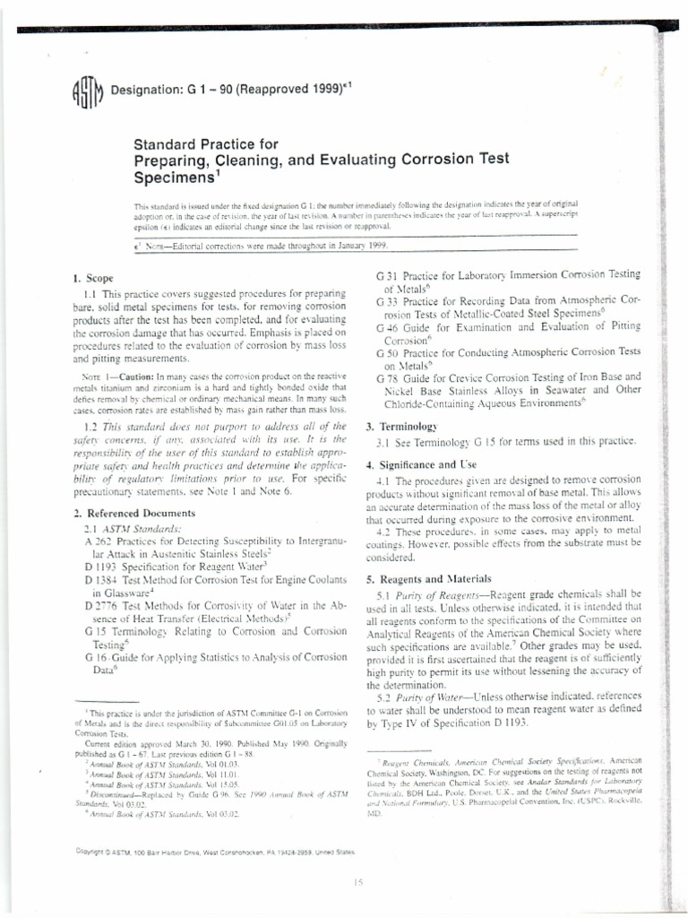 ASTM G1 Preparing Cleaning Evaluation Corrosion Test Specimens 1999 PDF ...