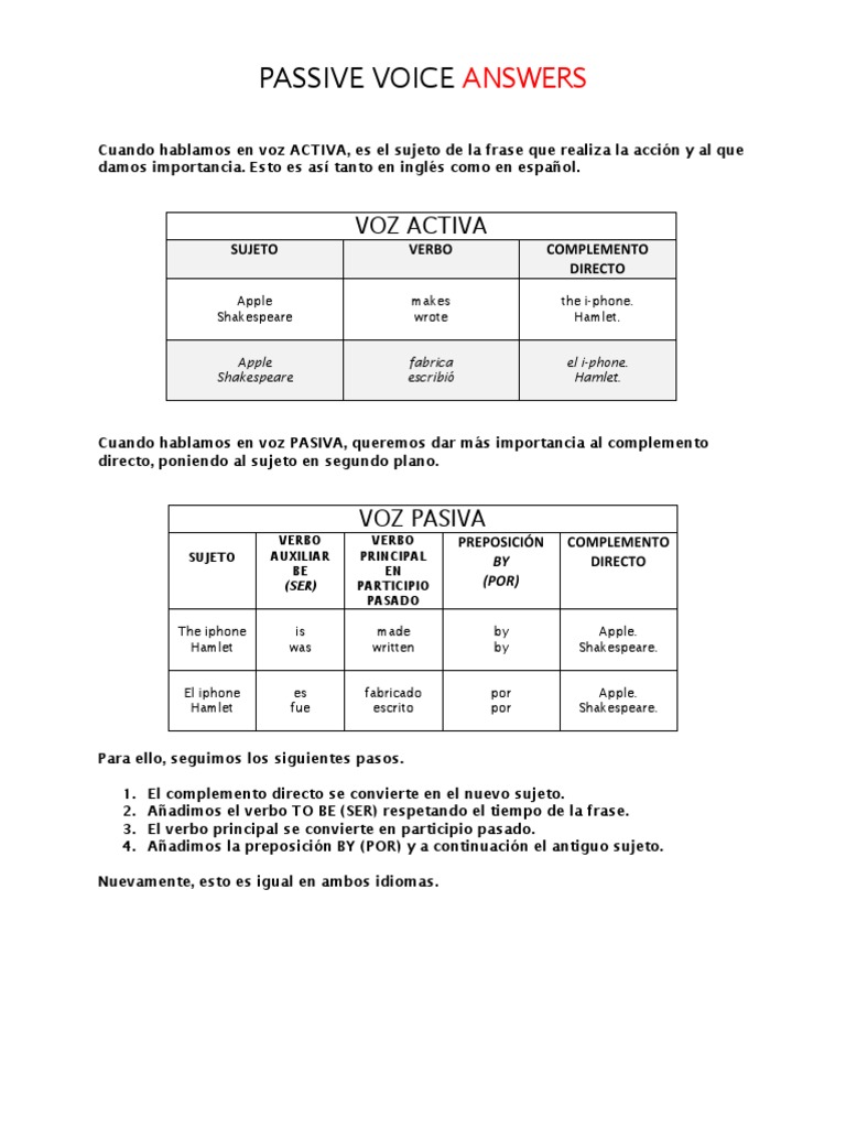 Grammar Activity (Passive Voice) Answer Key | PDF