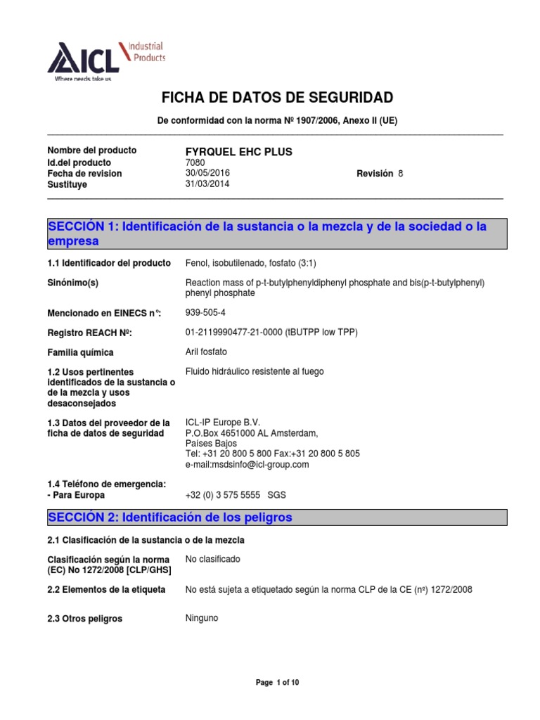 Ficha de Seguridad Fyrquel EHC Plus | PDF