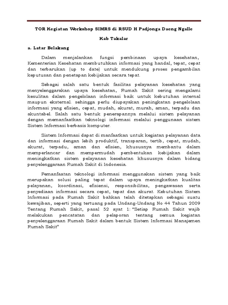 TOR Kegiatan Workshop SIMRS | PDF | Bisnis