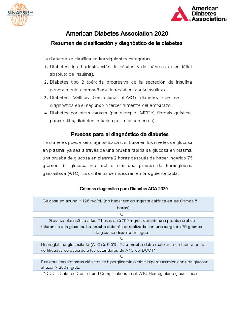 Resumen de La Clasificación y Diagnostico de La Diabetes ADA-2020 | PDF ...