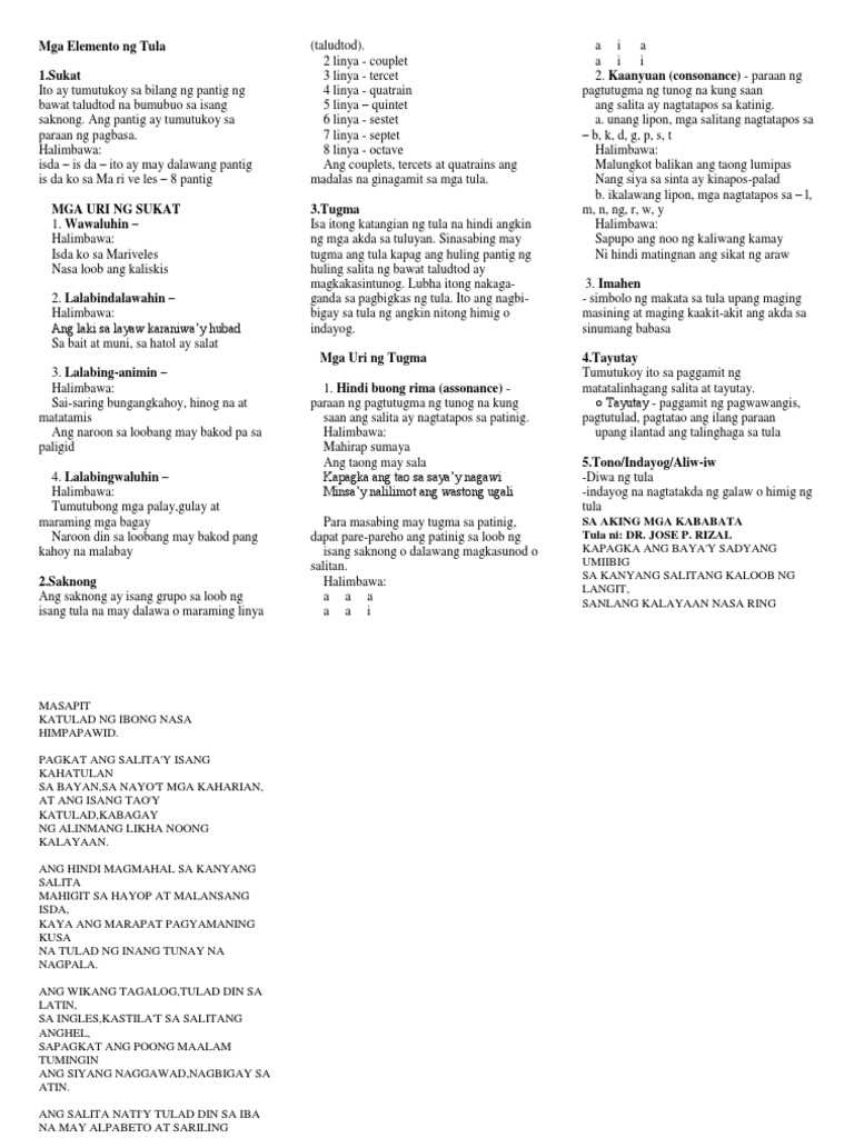Mga Elemento NG Tula | PDF
