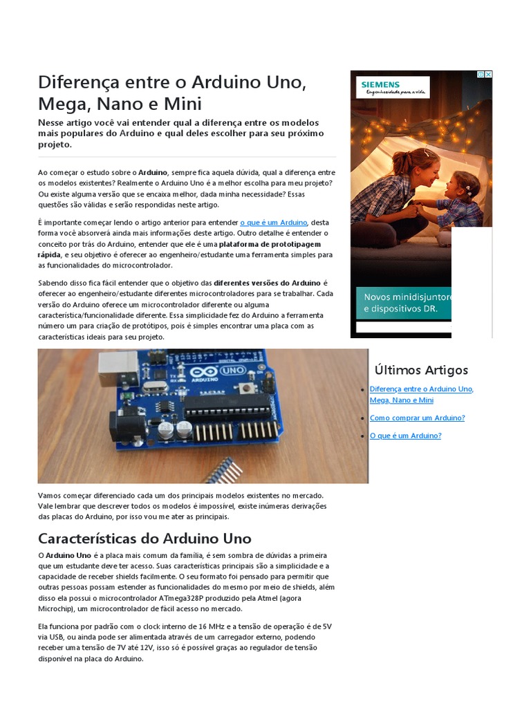 Diferença Entre o Arduino Uno, Mega, Nano e Mini | PDF