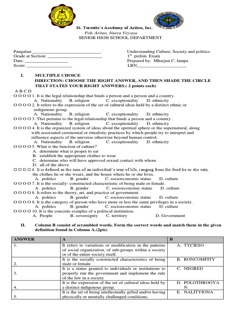 1st Grading Exam Prelim Understanding Culture | PDF | Gender | Gender ...