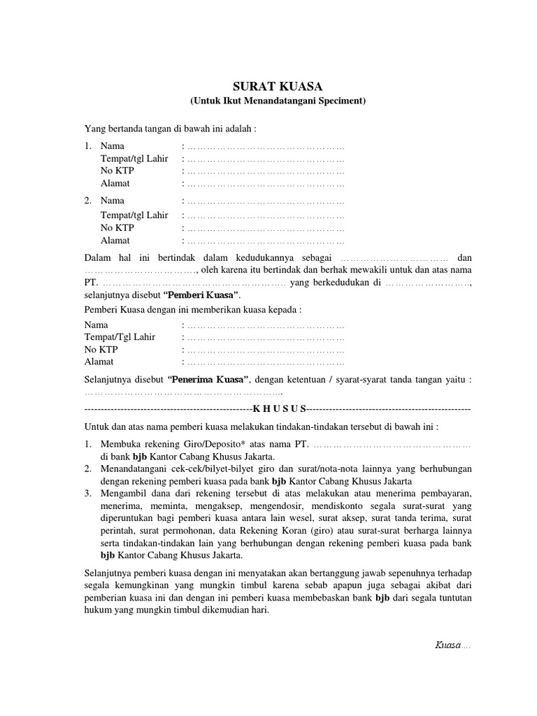 Surat Kuasa Specimen | PDF