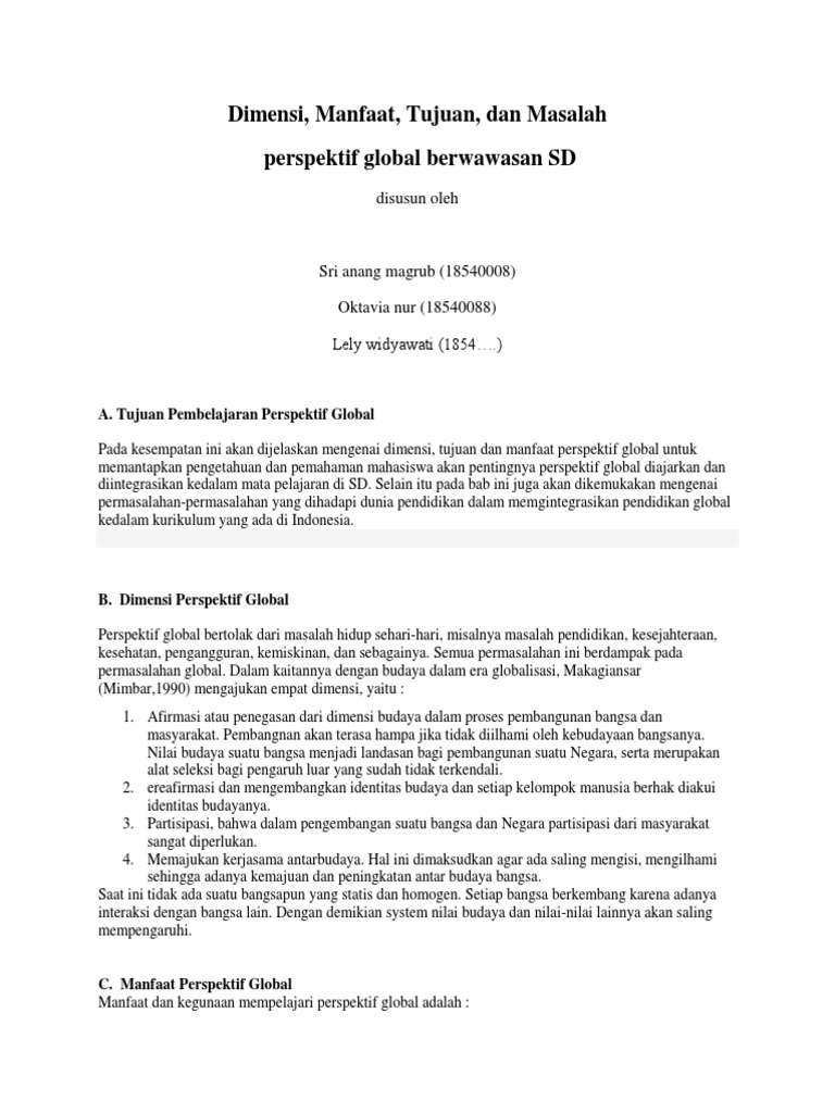 Dimensi Tujuan Manfaat Masalah Perspektif Global Berwawasan SD | PDF