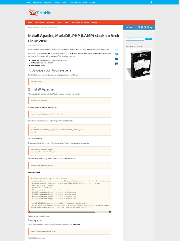 Install Apache Mariadb Php Lamp Stack On Arch Linux 2016 Ostechnix Pdf Apache