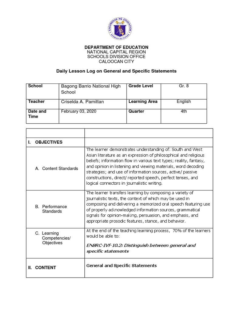 DLL COT1-general and Specific | PDF | English Language | Information