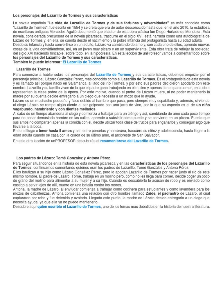 Los Personajes Del Lazarillo de Tormes y Sus Características | PDF ...