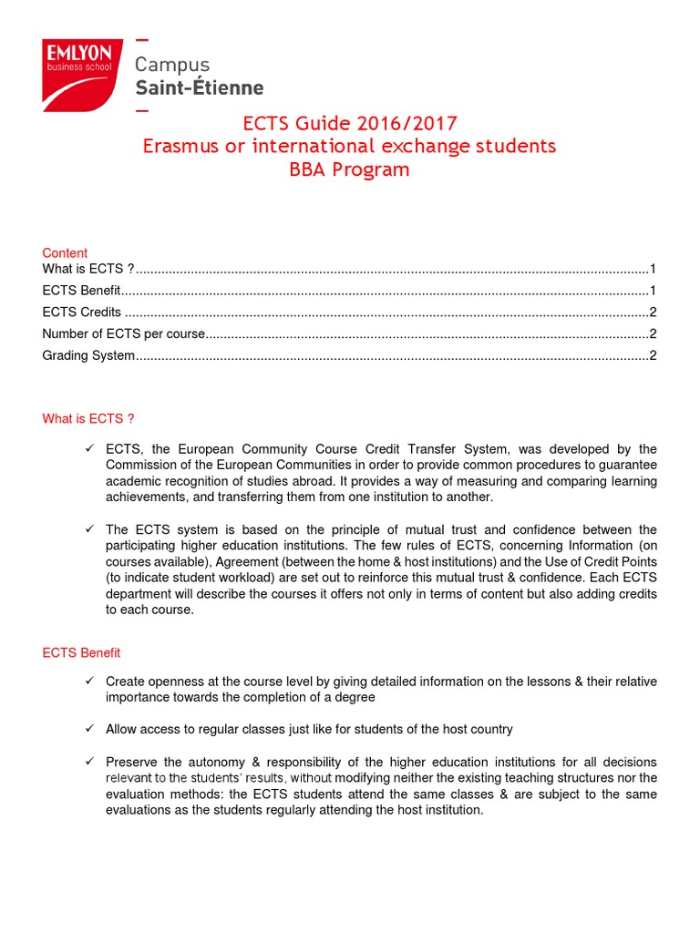 Bba Ects Guide 2016-2017 | PDF | Course Credit | Educational Assessment And Evaluation