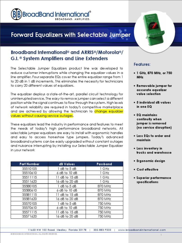 BBI Arris Motorola Forward Equalizers With Selectable Jumper Data Sheet | PDF | Equalization ...