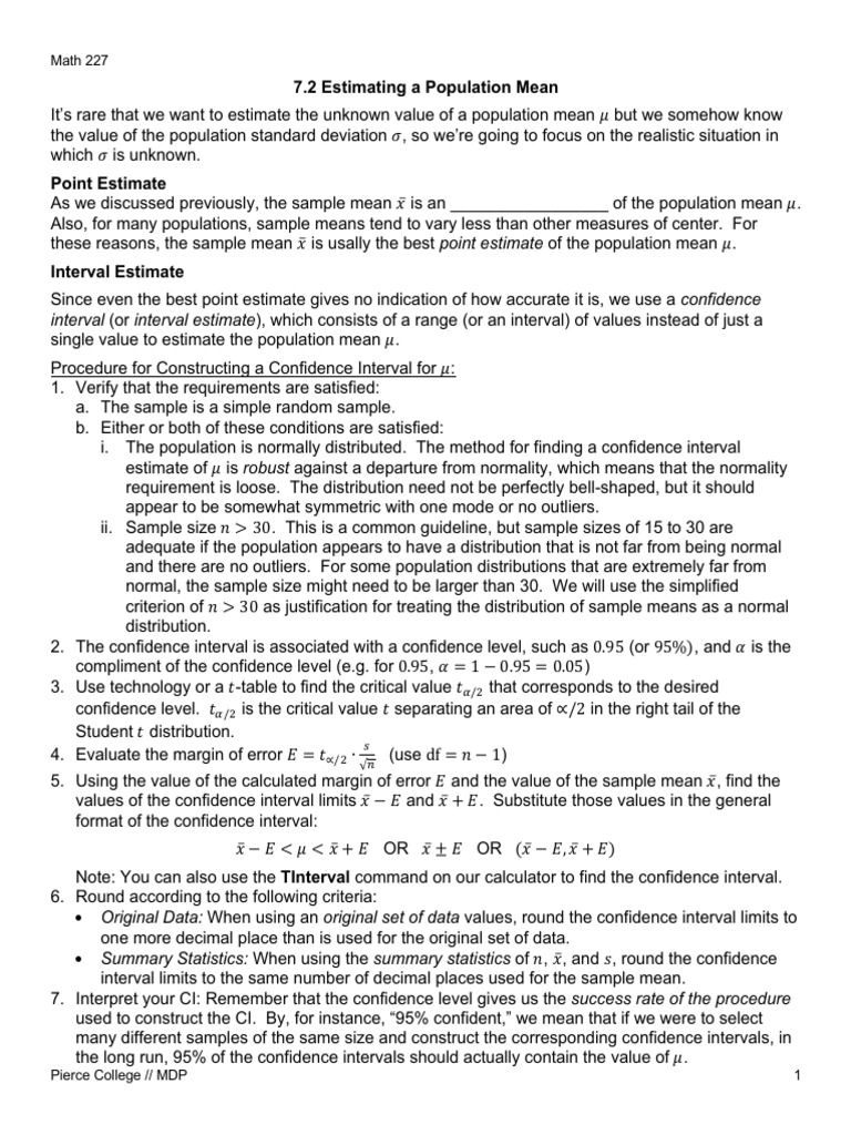 Lecture Notes 7.2 Estimating A Population Mean | PDF | Confidence ...