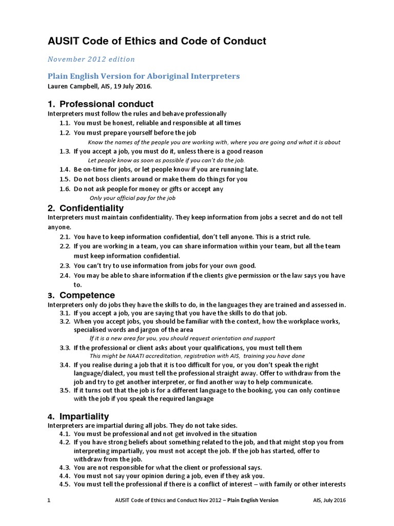 AUSIT Code of Ethics and Code of Conduct | PDF | Language ...