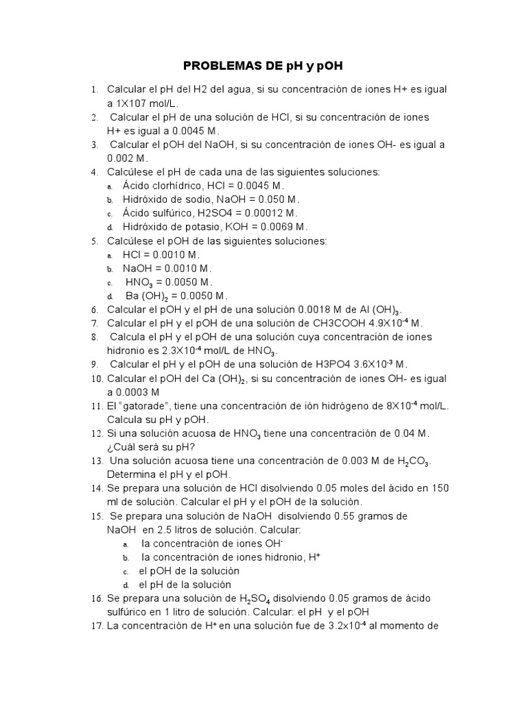 PROBLEMAS DE PH y pOH - Docx (Recuperado) | PDF | Ph | Ácido clorhídrico