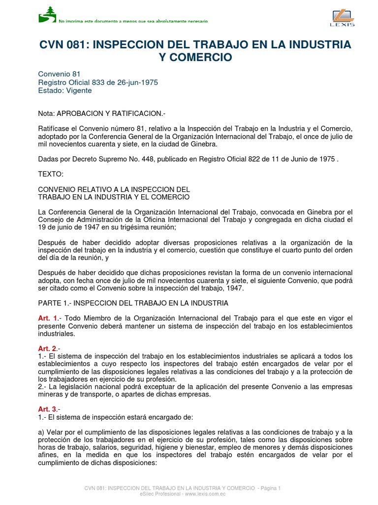 c81 Convenio Inspeccion Del Trabajo | PDF | Tratado | Organización Internacional del Trabajo