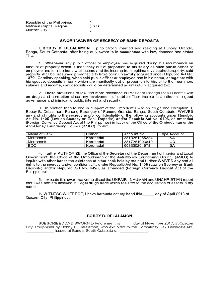 Bank Secrecy Waiver by Bobby Delalamon | PDF | President Of The ...