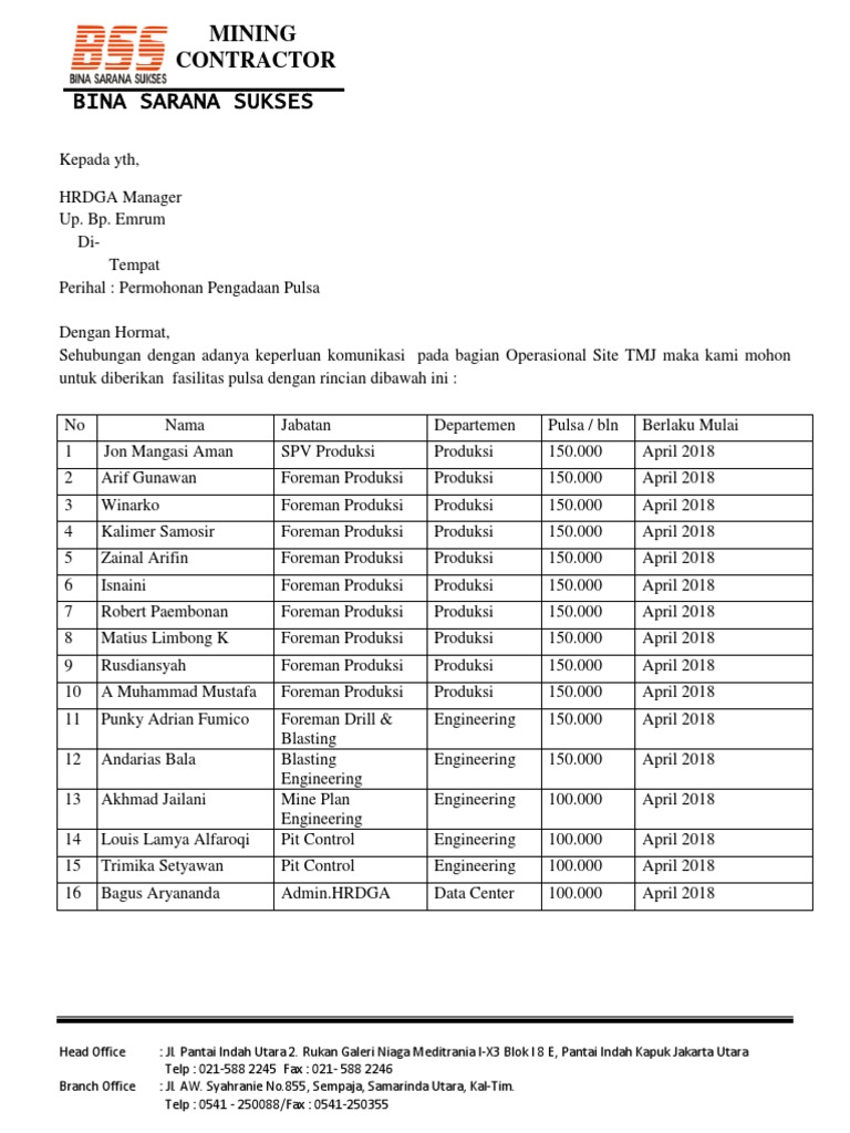 Form Pengajuan Pulsa 2017 | PDF