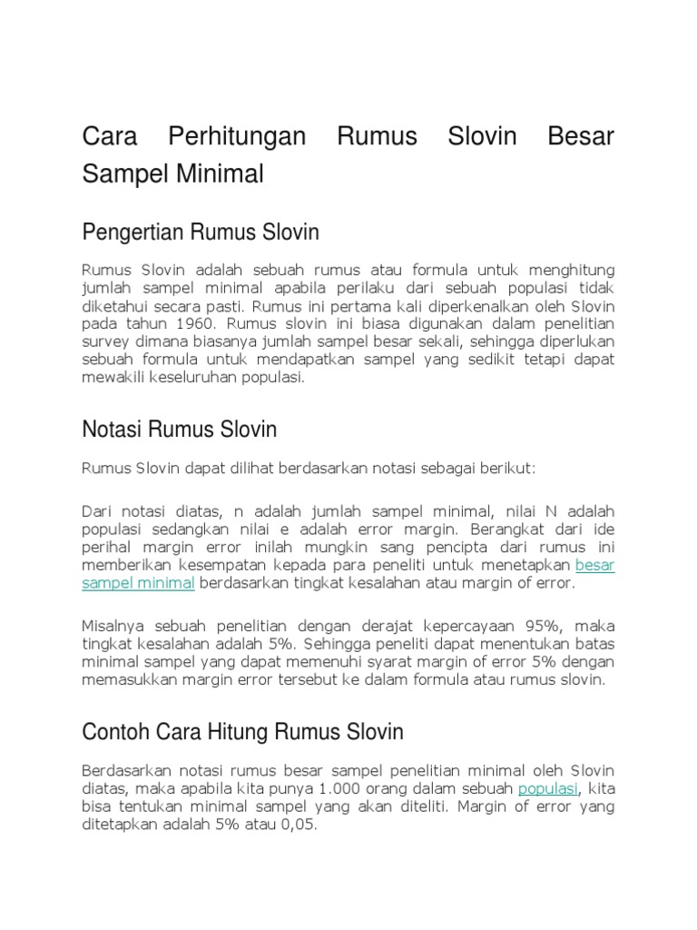 Cara Perhitungan Rumus Slovin Besar Sampel Minimal | PDF
