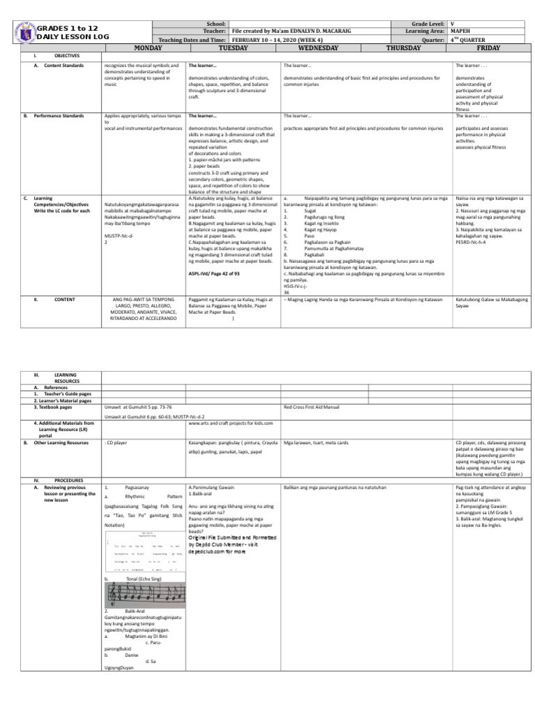 DLL - Mapeh 5 - Q4 - W4 | PDF | Differentiated Instruction | Tempo