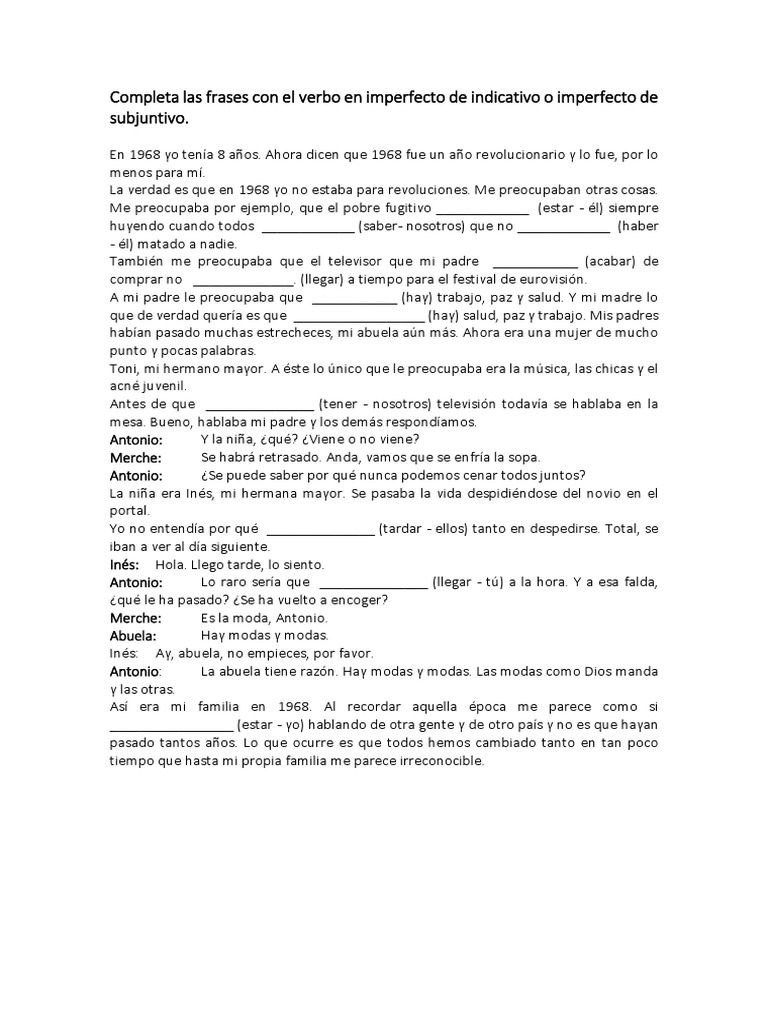 Ejercicio Imperfecto Subjuntivo | PDF