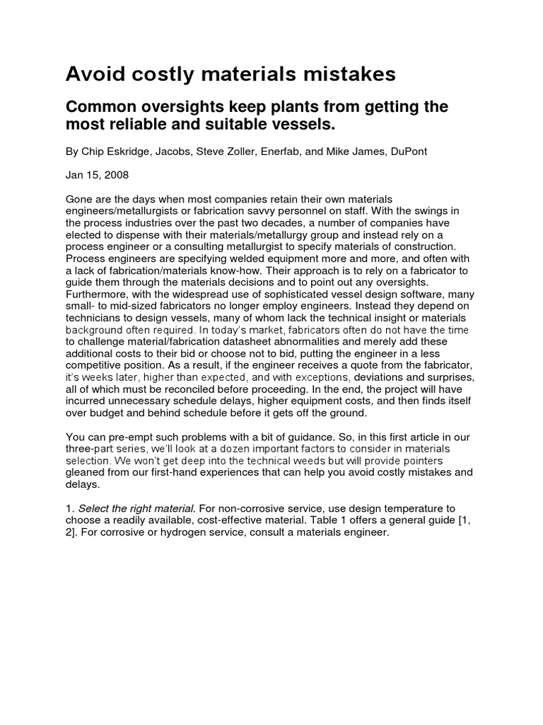 Avoid Costly Materials mistakes-CE | PDF | Stainless Steel | Steel