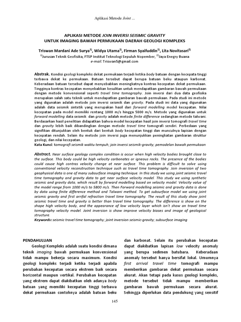 Aplikasi Metode Join Inversi Seismic Gravity U Imaging Bawah Permukaan ...