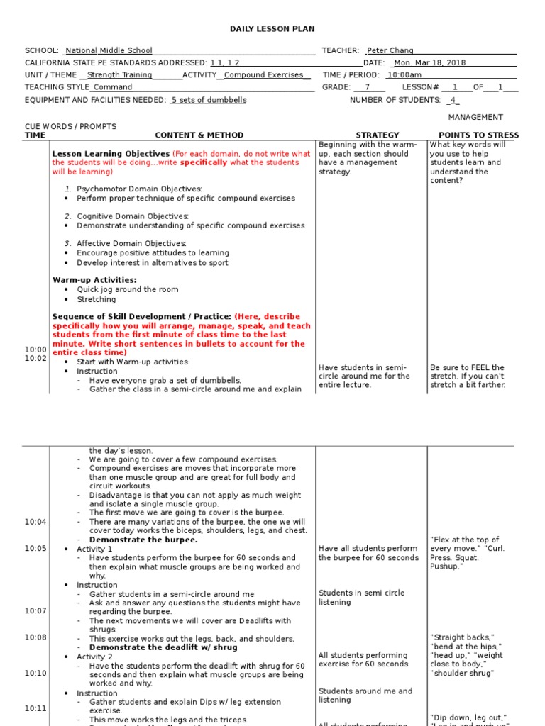 7th Grade PE: Compound Exercises Lesson | PDF | Lesson Plan | Teaching