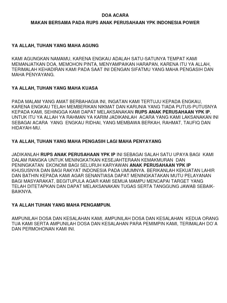 Doa Acara Rups Anak Perusahaan Ypk Ip | PDF